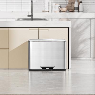 China Soft Close 2 Compartments trash can Office Rectangle Pedal Recycle Trash Bin Stainless Steel For Living Room for sale