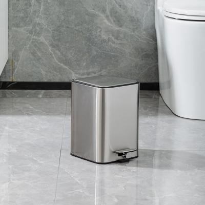 China Rolling Cover Type Stainless Steel Soft Close Pedal Trash Can for Bathroom Rectangle Defender Series Waste Bin in Silver for sale