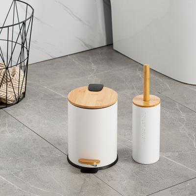 China Space-Saving Rolling Cover Style Stainless Steel Trash Bin with Thin Bamboo Lid and Pedal for sale