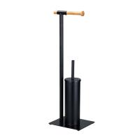 China 21*18*67cm Durable Type Bathroom Stand Steel Bamboo Toilet Paper Holder and Brush Set for Household Bathroom Househol for sale