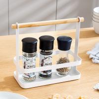 China Kitchen Organiser Kitchen Portable Steel Tabletop Spice Rack Wire Baskets With Wood Handle Seasoning Organizer for sale
