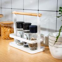 China Kitchen Organiser Kitchen Portable Steel Tabletop Spice Rack Wire Baskets With Wood Handle Seasoning Organizer for sale