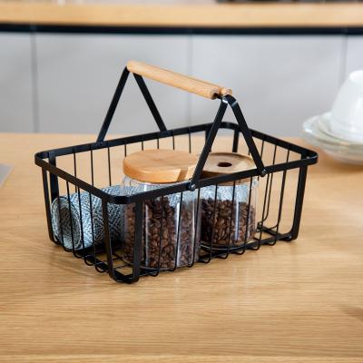 China Wardrobe Organiser Kitchen Organiser Modern Decorative White Home Metal Table Organizer Wood Handle Iron Wire Storage Basket for sale