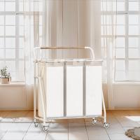 China Metal Wire Laundry Basket With Bamboo Handle And Wheels Utility 3 Division Big Capacity KD Structure Laundry Hamper for sale