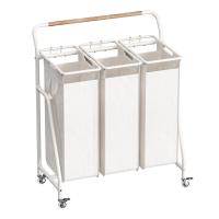 China Metal Wire Laundry Basket With Bamboo Handle And Wheels Utility 3 Division Big Capacity KD Structure Laundry Hamper for sale