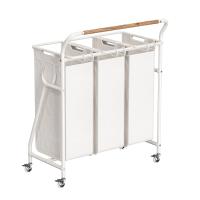 China Metal Wire Laundry Basket With Bamboo Handle And Wheels Utility 3 Division Big Capacity KD Structure Laundry Hamper for sale
