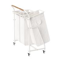 China Metal Wire Laundry Basket With Bamboo Handle And Wheels Utility 3 Division Big Capacity KD Structure Laundry Hamper for sale
