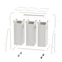 China Metal Wire Laundry Basket With Bamboo Handle And Wheels Utility 3 Division Big Capacity KD Structure Laundry Hamper for sale