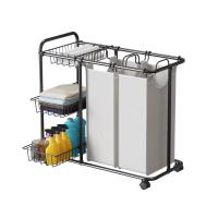China KD Structure Iron Metal Wire Laundry Basket With Wheels Utility 2 Division Big Capacity Laundry Hamper for sale
