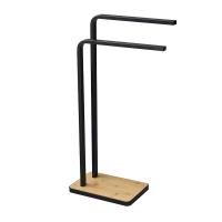 China New Black Bath Towel Stand Tower Holder With Two Arms Hand Free Standing Bathroom Wooden Bamboo Towel Rack for sale