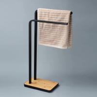 China New Black Bath Towel Stand Tower Holder With Two Arms Hand Free Standing Bathroom Wooden Bamboo Towel Rack for sale