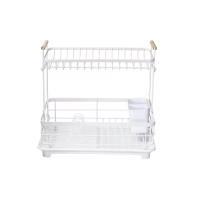 China Two Tier Removable Plate Dish Drying Rack With Separate Cutlery Holder Wood Handle for sale