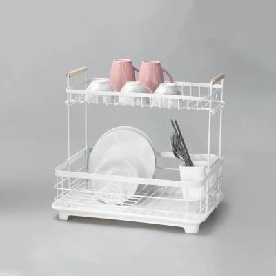 China Two Tier Removable Plate Dish Drying Rack With Separate Cutlery Holder Wood Handle for sale