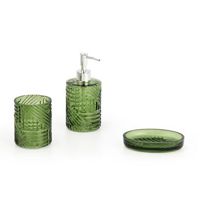 China Carved Style Glass Soap Foam Dispenser Toothbrush Holder Bathroom Accessories Set for sale