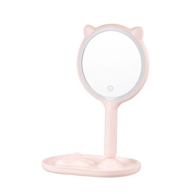 China Compact Plastic Led Light Makeup Mirror With Animal Ears And Jewelry Tray for sale