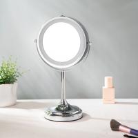 China Round Metal Standing Makeup Mirror With Led Lights And Tower Shape Holder for sale