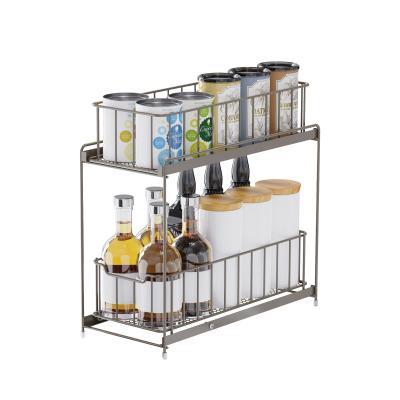 China 2 Tiers Iron Wire Kitchen Storage Rack Under Sink Organizer Sliding Storage Basket for sale
