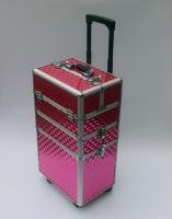 China Three Layers Makeup Travel Case , Custom Pink Aluminum Makeup Trolley Case for sale