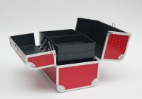 China PU Aluminum Cosmetic Case Carry Cosmetics And Tools Red Leather Panel With One Lock for sale