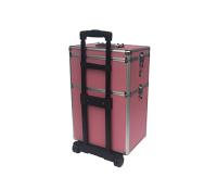 China Pink Aluminum Makeup Trolley Case Rolling Aluminum Cosmetic Case for sale