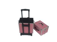 China Pink Aluminum Makeup Trolley Case Rolling Aluminum Cosmetic Case for sale
