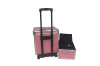 China Pink Aluminum Makeup Trolley Case Rolling Aluminum Cosmetic Case for sale