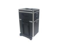 China Aluminum Makeup Trolley Case Black Rolling Aluminium Cosmetic Case With Two Layer for sale