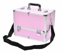 China Portable Pink Cosmetic Case Aluminum Frame ABS Beauty Case With Shoulder Strap for sale