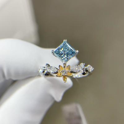 China Lab Grown Blue Diamond Princess Cut 1.13ct VS1 Fancy Intense Color 18k White Gold Ring for sale