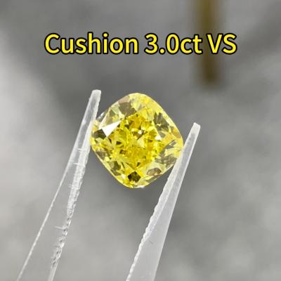 China IGI Certified 3ct Cushion Shaped Lab Grown Diamond Fancy Vivid Yellow HPHT Synthetic Diamond for sale