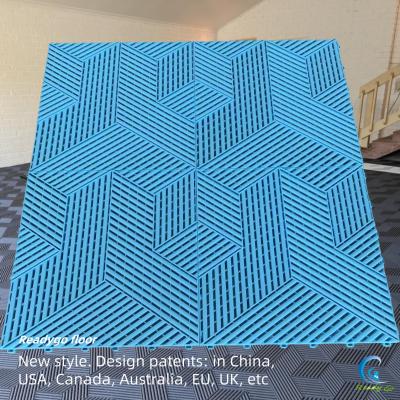 China 18mm Thick Interlocking Ribbed Garage Floor Tiles 400×400mm Epoxy 3D-Cubic Pattern Oil Resistant for sale