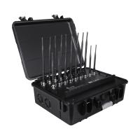 China New powerful briefcase 18 Antenna Jammer blocks 2G, 3G, 4G, 5G, GPSL1, GPSL2-L5, GPSL3-L4, WIFI(Including WIFI 6E), 315,433,868, Lojack signals with 154W output power and a coverage range up to 100m for sale