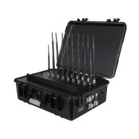 China New powerful briefcase 18 Antenna Jammer blocks 2G, 3G, 4G, 5G, GPSL1, GPSL2-L5, GPSL3-L4, WIFI(Including WIFI 6E), 315,433,868, Lojack signals with 154W output power and a coverage range up to 100m for sale