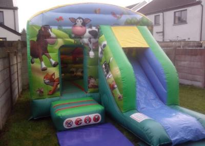 China 12ftx18ft Farmyard Inflatable Combo , Kids Green Jumping Bounce House With Slide for sale