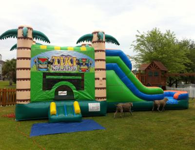 China Commercial Wet / Dry Inflatable Combo , 0.55MM PVC Jungle Inflatable bouncer With Slide for sale