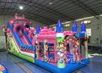 China Pink Dora Cartoon Commercial Inflatable Slide With Bouncy Castle / Bouncy Slide for sale