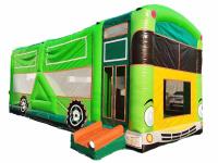 China Commercial Adults Kids Pastel Party School Bus Bounce House With Small Slide And Obstacle Course for sale
