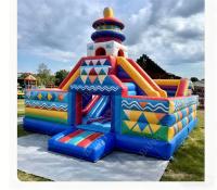China Geometric Carnival Inflatable Bounce Castle with Dual Slides – Commercial-Grade Kids’ Play Center for sale