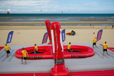 China 0.9mm PVC Inflatable Volleyball Court Sand Beach Blow Up Bossaball Game for sale