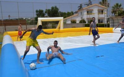 China Double Tripple Stitch Tarpaulin Inflatable Sports Games Soap Football Field for sale