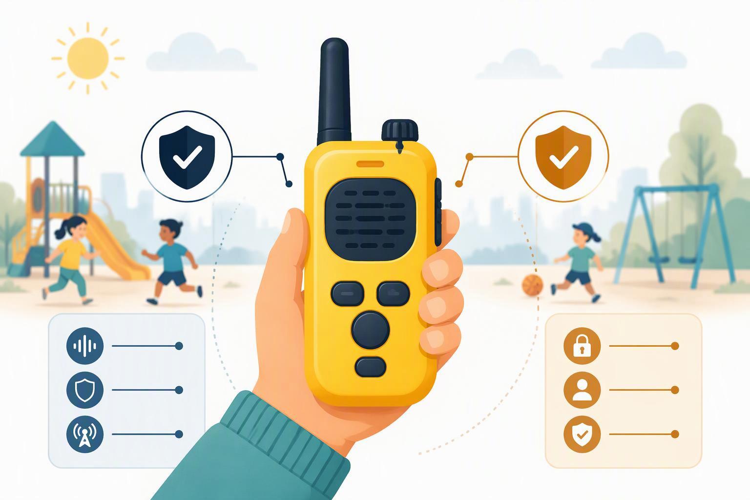 a labelled concept map placing a toy walkie-talkie at the intersection of the toy-safety compliance track (EN 71, EN 62115, age grading, small parts)