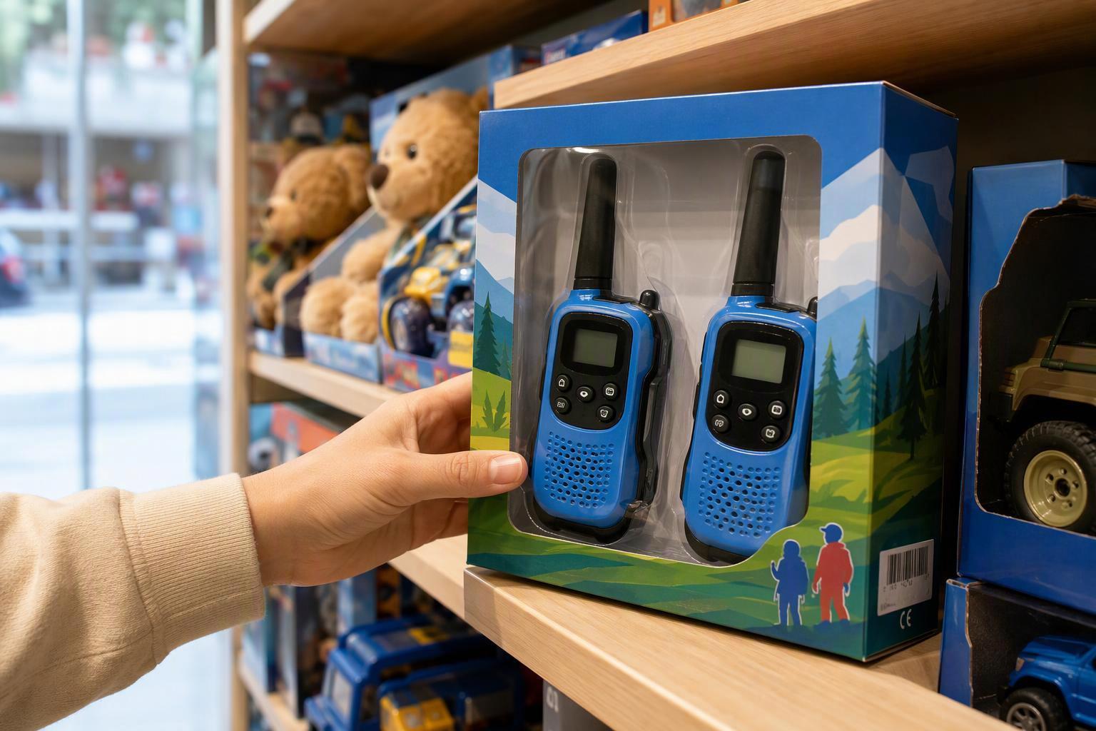 a retail-ready toy walkie-talkie package on a shelf or in a retail audit setting, showing the packaging compliance surface â age grading, warning text