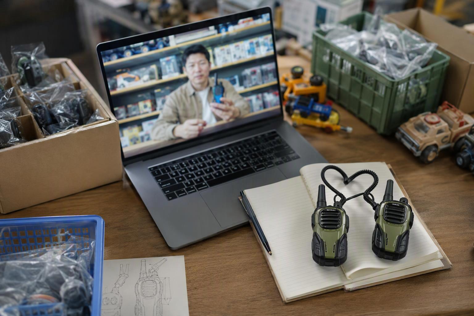 A buyer's sourcing worksheet and certification documents laid out beside a video toy walkie talkie on a desk