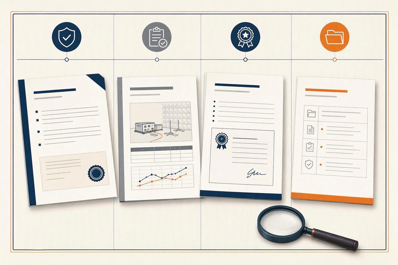 an example document checklist showing a Declaration of Conformity, a test report cover page and a certificate record laid out as a set
