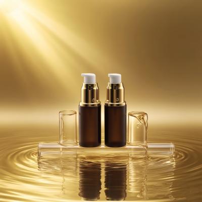 China Glass Lotion Bottle 15ml Dark Red Serum Bottle with Shiny Gold/Silver Pump Eye lotion Bottle Pump Bottle Cosmetic Bottle OEM for sale