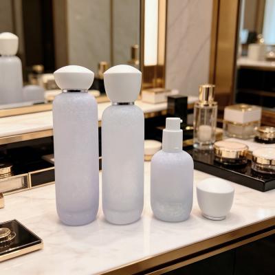 China Premium Frosted Glass Bottles & Jars with Pump/Spray & White Caps, Crackle Pattern for Cosmetics, Face Cream, Lotion, Serum, Toner, Skincare, 120ml/100ml/40ml/50g/30g for sale