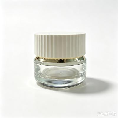 China Luxury Glass Jar 30g and 50g with Vertical Ribbed White Cap Gold Decorative Ring for Face Cream Skincare Container for sale