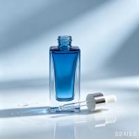 China Blue Transparent Glass Dropper Bottle, Thick Base Square Cosmetic Serum Oil Packaging Bottle with White Rubber Dropper for sale