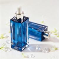 China Blue Transparent Glass Dropper Bottle, Thick Base Square Cosmetic Serum Oil Packaging Bottle with White Rubber Dropper for sale