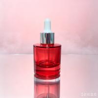 China Red Transparent Glass Dropper Bottle, Thick Base Cosmetic Serum Oil Packaging Bottle with White Rubber Dropper for sale